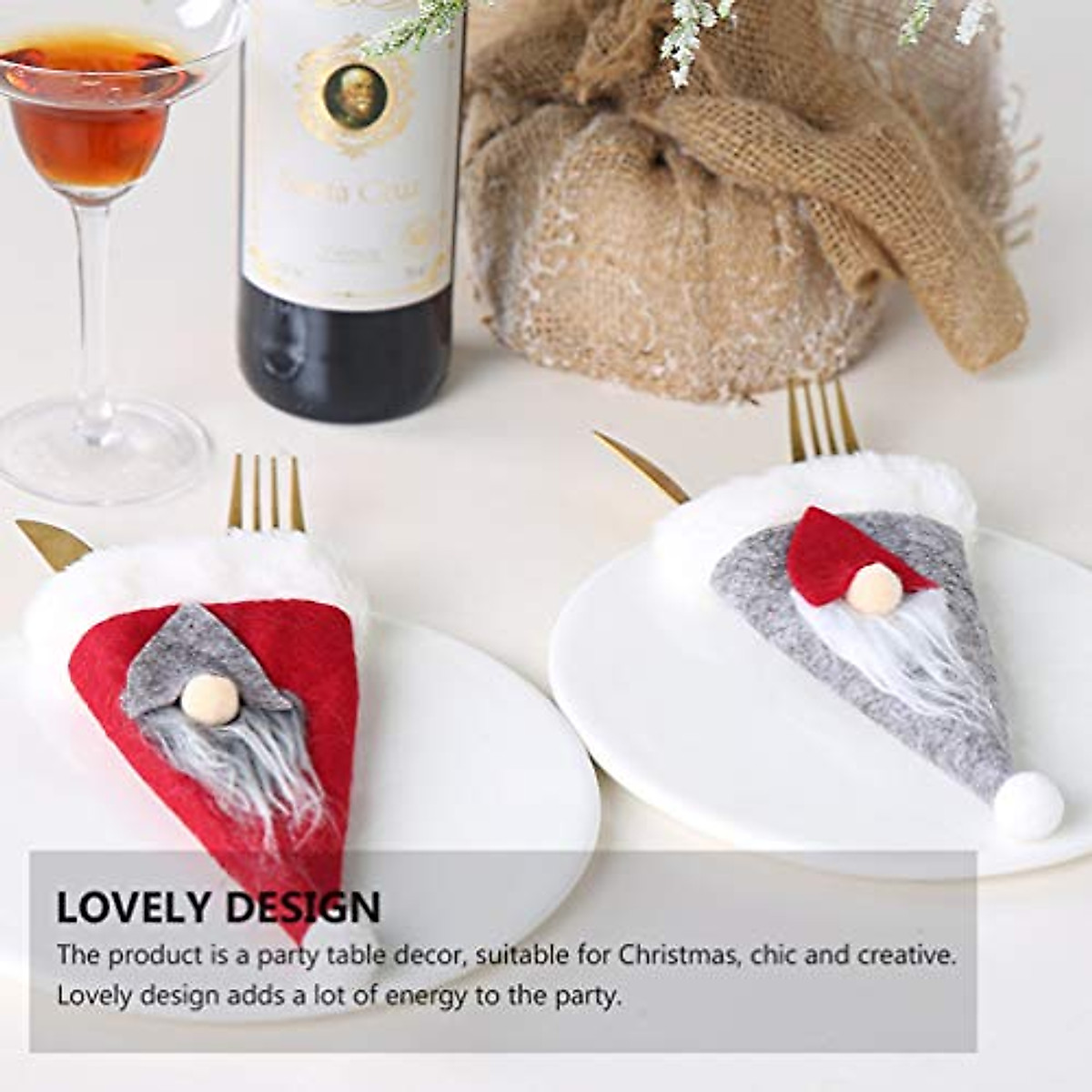Hemoton 6Pcs Christmas Silverware Holders Pocket Santa Hat Gnome Elf Cutlery Knives Forks Tableware Storage Bag Covers for Xmas Holiday Table Decoration Red Grey