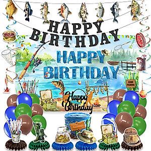 Roetyce Gone Fishing Birthday Decorations, 34PCS Fishing Birthday Banner Balloons Hanging Swirls Centerpieces Cake Topper Kit, Gone Fishin Happy Birthday Backdrop for Kids, Angler Birthday Party Decor