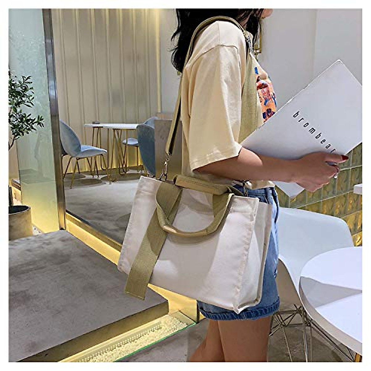 Women's Large Canvas Tote Bag Simple Shoulder Shopping Bag Solid Color Commuter Fashion Postman Tote Bag(Beige)