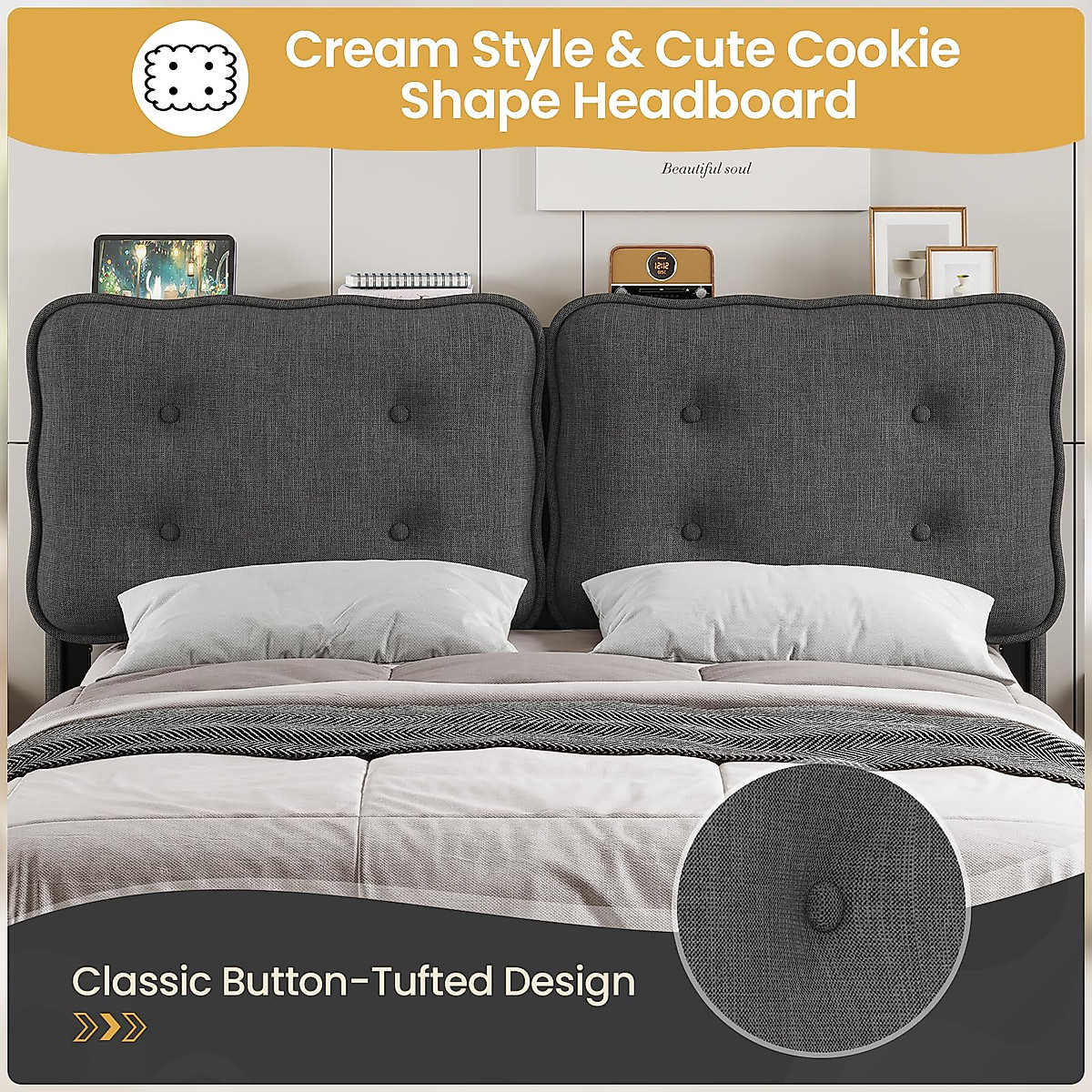 DICTAC Headboard for Queen Size with Storage Space Modern Linen Fabric Upholstered Headboard Queen Size,Adjustable Height,Biscuit Shape,No Bracket Adapter Required,Easy Assembly, Dark Grey