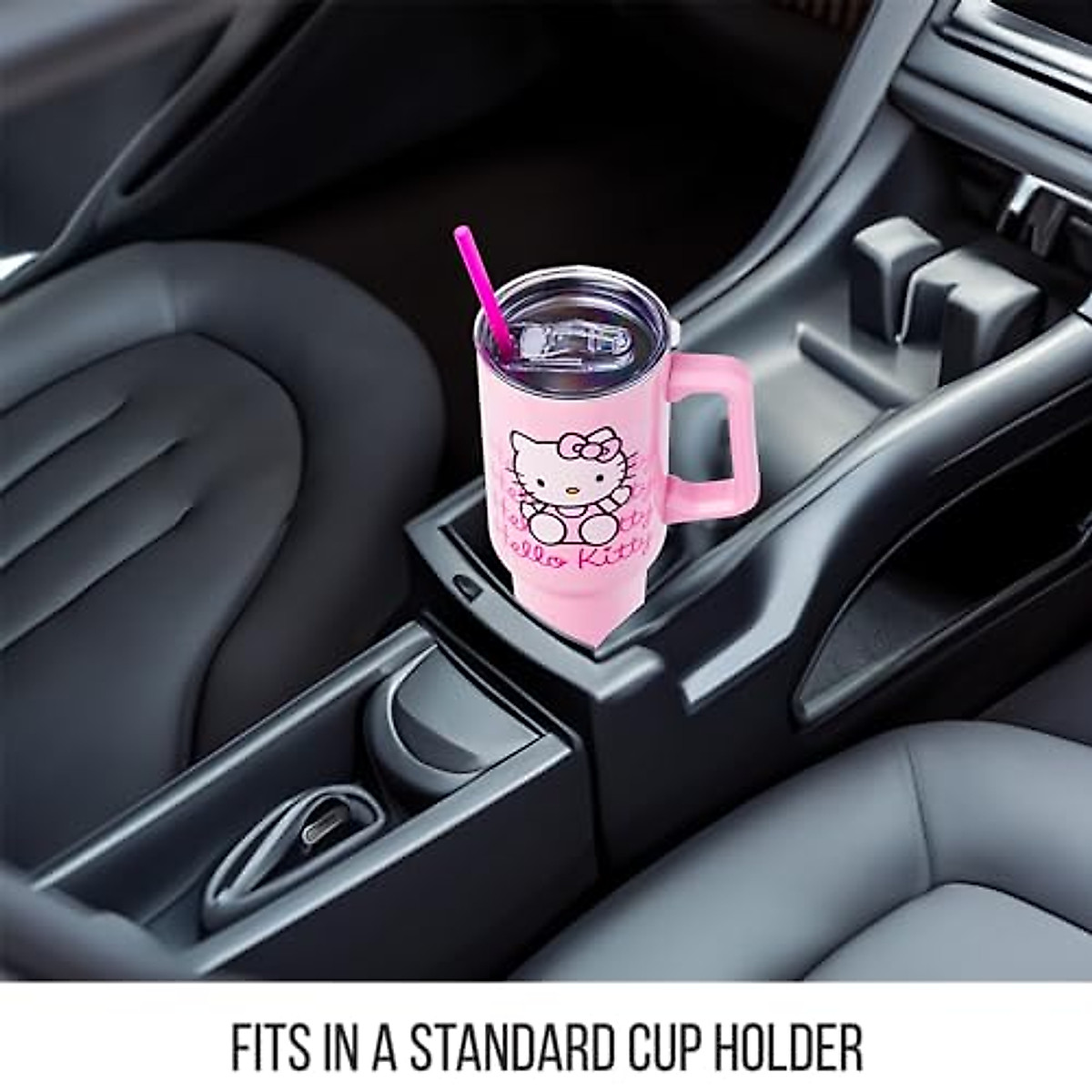 Silver Buffalo Sanrio Hello Kitty Waving Stainless Steel Tumbler with Handle and Straw, Fits in Standard Cup Holder, 40 Ounces