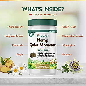 NaturVet Quiet Moments Calming Aid Dog Supplement, Helps Promote Relaxation, Reduce Stress, Storm Anxiety, Motion Sickness for Dogs (Quiet Moments Plus Hemp, 180 Soft Chews)
