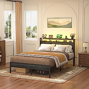 Homieasy Full Size Bed Frame with Charging Station and Led Lights, Industrial Metal Platform Bed with Storage Headboard, Steel Slat Support, No Box Spring Needed, Noise-Free, Black Oak