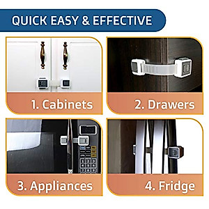 New Version Child Safety Locks 4-Pack. Baby Proof Cabinets, Drawers with Easy Adjustable Strap Length, Double Lock Option, Easier Latch for Adults to Open. Secure Oven, Refrigerator, Toilet, Doors