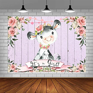 ABLIN 8x6ft Holy Cow Baby Shower Backdrop for Girl It's a Girl Baby Shower Decorations Pink Flowers Rustic Wood Photography Background Girl Baby Shower Party Supplies Props