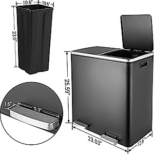 AthLike 60L(16 Gal) Dual Trash Can, Stainless Steel Kitchen Garbage Can, Double Compartment Classified Rubbish Bin, Recycle Dustbin w/Plastic Inner Buckets, Handle, Soft-Close Lid, Airtight
