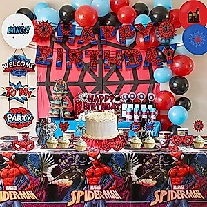 CrzPai Spiderman Birthday Party Decorations Superhero Themed Party Supplies Favors With Banner, Welcome Hanger, Toy Masks, Cake Toppers and Latex Balloons