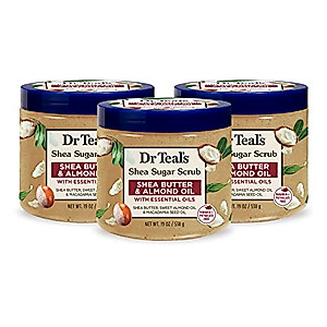 Dr Teal's Shea Sugar Body Scrub, Shea Butter with Almond Oil & Essential Oils, 19 oz (Pack of 3) (Packaging May Vary)
