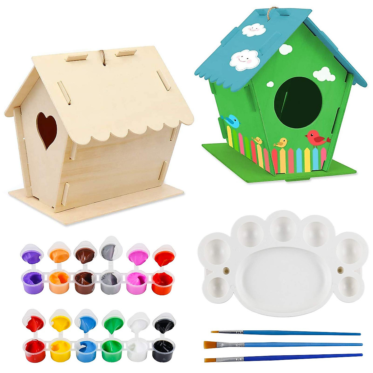 GARDWENS DIY Bird House Kit for Kids, 2 Pack Big Wooden Birdhouse Kits Build and Paint Creative Arts Crafts Hanging Kit Suitable for Girls Boys Age 3-12 Activities Decoration