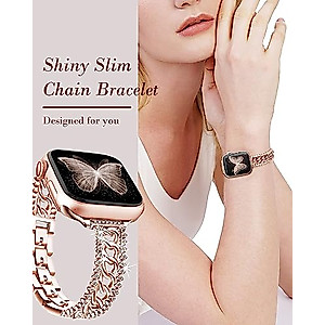 Bling Chain Bracelet Compatible with Apple Watch Band 41mm 40 mm 38mm Series 8 7 6 5 4 3 2 1 SE Women, beu1st Replacement iWatch Band Diamond Rhinestone Stainless Steel Metal Wristband Strap Rose Gold