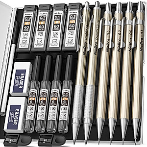 Nicpro 6 PCS Art Mechanical Pencils Set, Metal Artist Drafting Pencil 0.3 & 0.5 & 0.7 & 0.9 mm & 2 PCS 2mm Graphite Lead Holder(4B 2B HB 2H) For Writing Sketching Drawing With Lead Refills Eraser Case