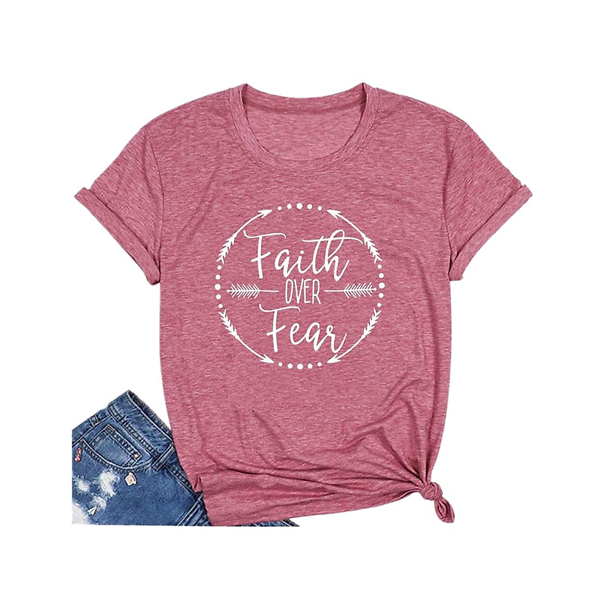 Qrupoad Womens Faith Over Fear T Shirt Summer Casual Christian Religious Inspirational Spiritual Graphic Tees Tops Pink