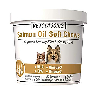 Vet Classics Salmon Oil Pet Supplement for Healthy Skin, Glossy Coats – Dog Coat Supplement, Cat Skin Supplement – Includes Omega-3, 6, 9, Source of DHA, EPA – Soft Chews 90 Ct.