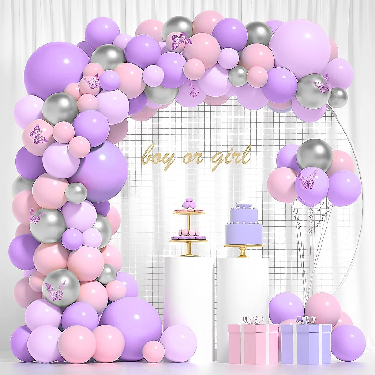 Pink and Purple Balloons Arch Kit, Purple and Silver Balloon Garland Kit with Pink Purple Silver Balloons Butterfly Stickers, DIY Balloon Party Decoratived for Birthday Baby Shower New Year Christmas