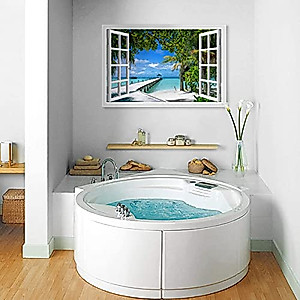 Window Beach Picture Canvas Wall Art Ocean Palm Tree Maldives Nature Landscape with Framed Living Room Blue Decor 36x24