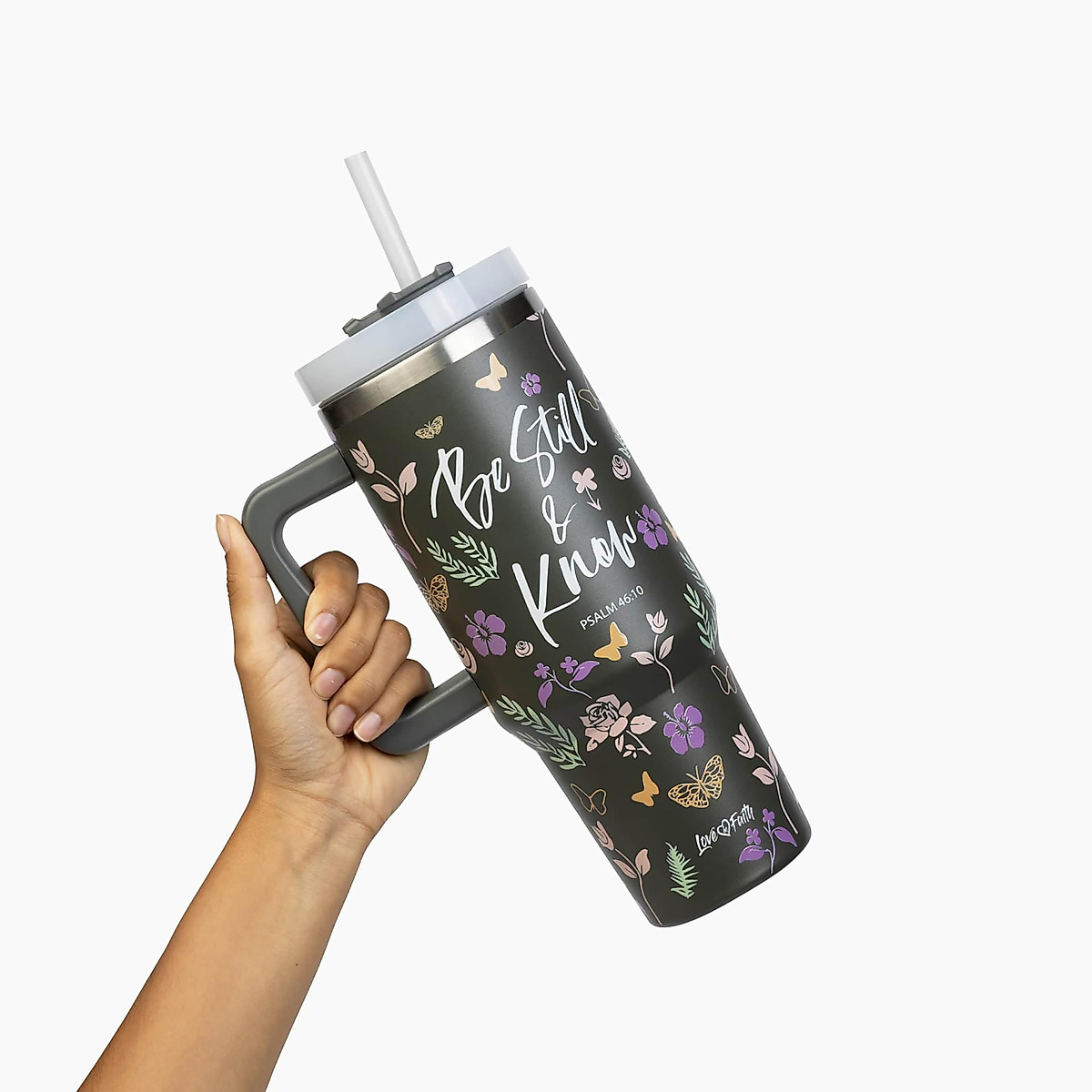 Love in Faith | Stainless Steel 40oz Tumbler with Handle | Vacuum Insulated | Faith-Based Christian Gifts | Be Still