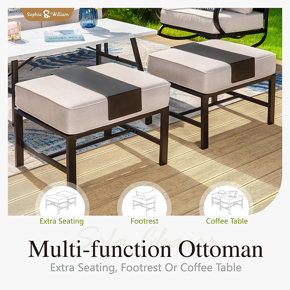 Sophia & William Patio Furniture Sets for 7 with 45" Gas Fire Pit Table Outdoor Conversation Sets 6 Pcs, 2 x Swivel Cushioned Sofa Chairs, 1x3-Seat Sofa, 2xOttomans for Backyard Poolside Beige