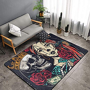 SWEET TANG Soft Modern Vintage Colorful Tattoo Rose Skull Area Rug for Living Room Bedroom Kids Room Rugs for Girls Nursery Home Decor Indoor Carpet, 60x39