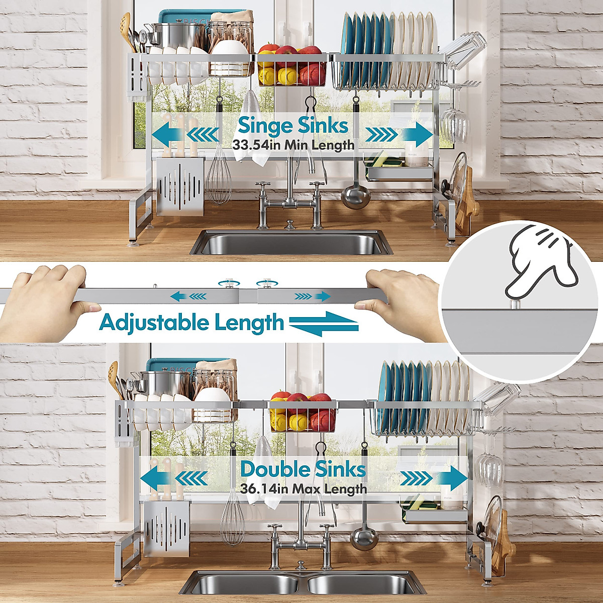 romision Over The Sink Dish Drying Rack, 2-Tier Adjustable Length(33.5-36.2in) Stainless Steel Dish Rack Over Sink, Expandable Large Dish Drainer for Kitchen Counter with 8 Hooks, Sliver