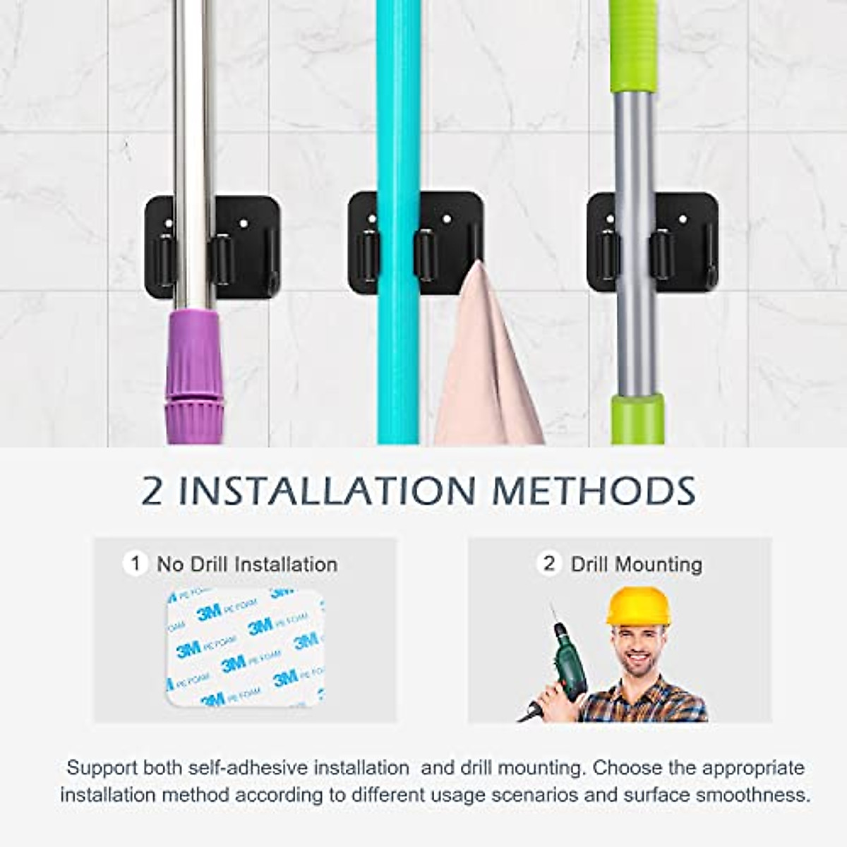 Mop and Broom Holder Wall Mount. Non-slip Stainless Steel Mop Holder Broom Hanger Tool Organizer Self Adhesive. Organization and Storage for Home Garden Garage Kitchen Laundry Room (Black, 4 Pack)