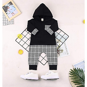 CM C&M WODRO Toddler Infant Baby Boy Fall Clothes Newborn Boy Outfits Plaid Long Sleeve Hoodie Sweatshirt Tops Winter Long Pants Sets (Black+Plaid, 3-4T)