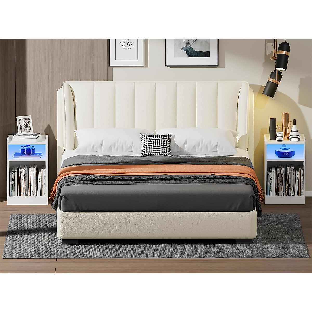 Furologee White Record Player Stand, Wood Nightstand/End Table with Charging Station and LED Lights, Modern Vinyl Record Player Turntable Table with 3 Tier Open Storage Cabinet for Bedroom