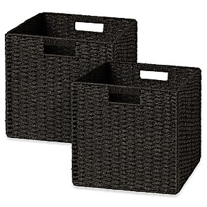 UBBCARE 2 Pack Wicker Basket, 11L×11H×10.5W inch Woven Paper Rope Storage Baskets for shelves, Foldable Cube Storage bin with Handle, Storage Basket for Organizing & Decor, Black