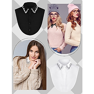 Bencailor 2 Pieces Rhinestone Fake Collar Detachable Dickey Collar for Women Half Shirt Collar Blouse False Collar for Women Girls Outfits, White and Black