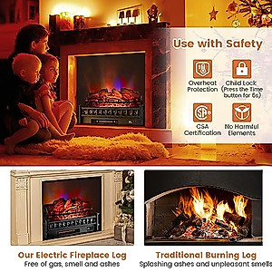 COSTWAY 26-inch Eternal Flame Electric Fireplace Log, 1500W Fireplace Insert with Remote Control, Realistic Lemonwood Ember Bed, 8H Timer, 5 Flame Modes, Fireplace Log Heater for Home Decor, Black