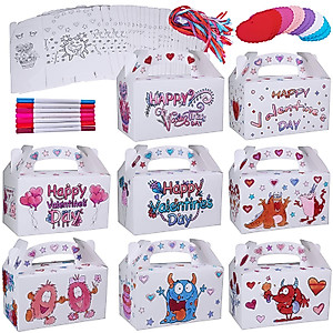 48 Sets Valentine's Day Treat Boxes DIY Color Your Own Paintable Monster Prints Goodie Boxes Party Favor Boxes Valentines Container Candy Box with Heart Tags Bulk for Kids School Classroom Supplies