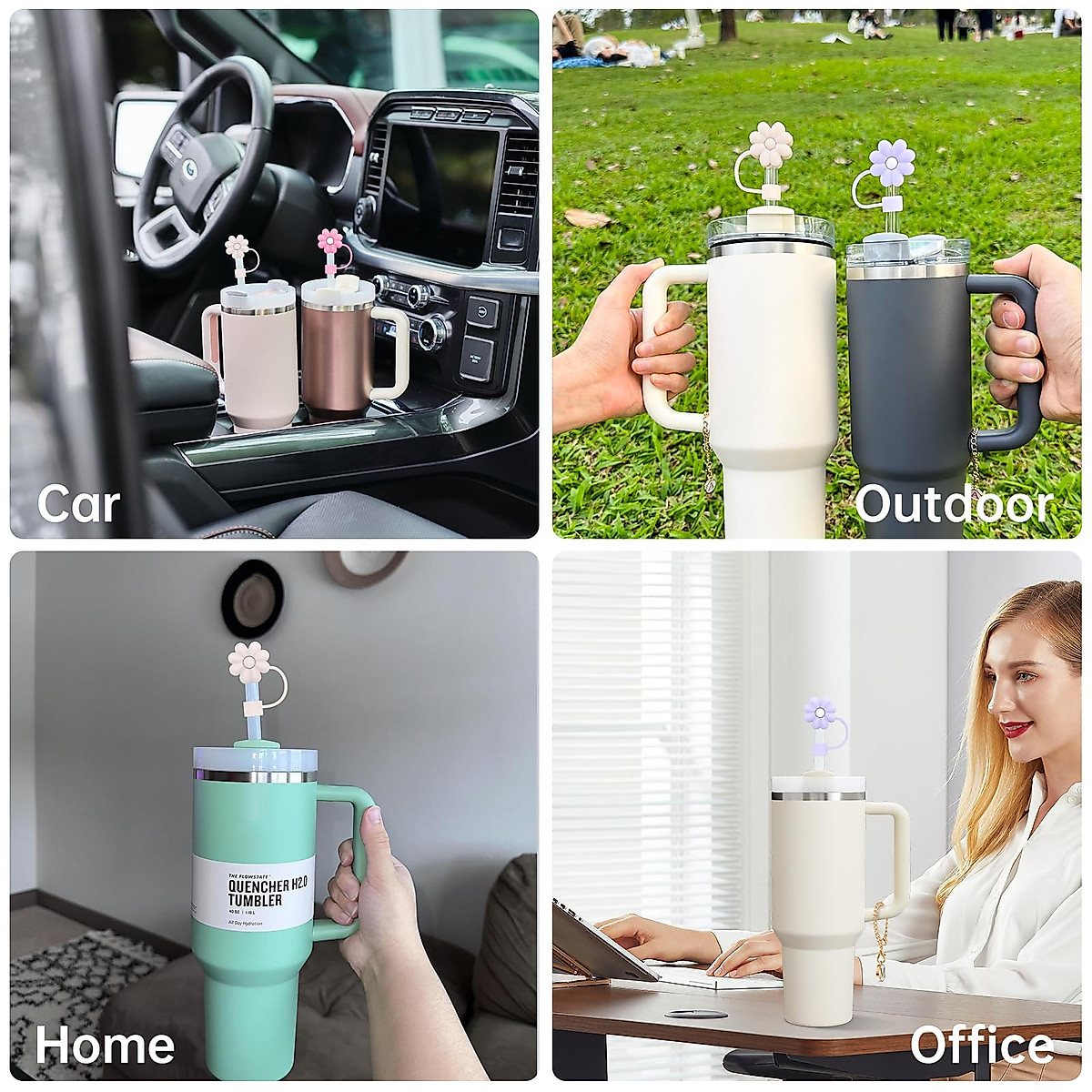 ANGSTUEM 4PCS Straw Cover for Stanley Cup 30& 40 Oz Tumblers,9-10mm Soft Silicone Straw Toppers for Stanley Cup Accessories, 2PCS Initial Letter Stanley Charms for Handle,Dust-proof Straw Covers