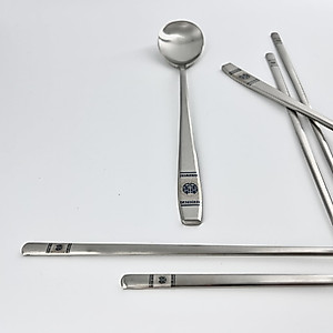 cozymomdeco Korean Made Silver Color Cutlery Spoon Chopsticks 18-10 Stainless Steel Printed Traditional Pattern_2 SET