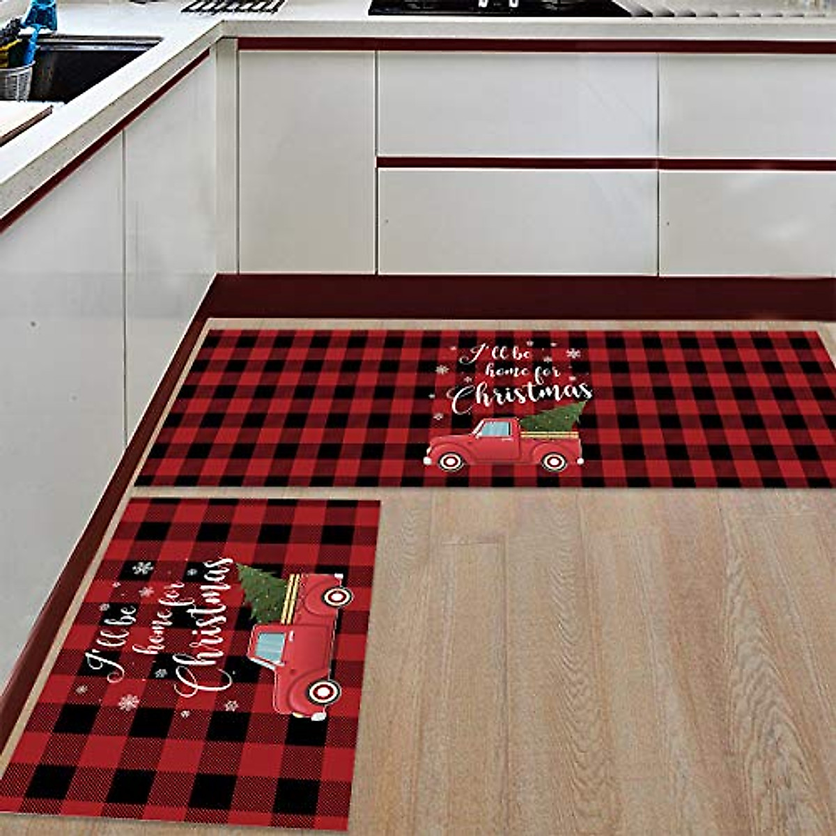 Christmas Kitchen Mat Set of 2, Red Truck Non-Slip Floor Mat Set, Red Buffalo Plaid Xmas Tree Kitchen Rug Runner for Bathroom Living Room, Microfiber Doormat Washable Carpets Holiday Rugs