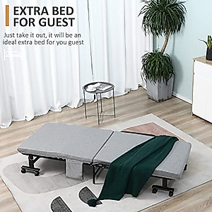 HOMCOM Rollaway Bed, Folding Bed with 3.25" Mattress, Portable Foldable Guest Bed with Adjustable Backrest, and Metal Frame on Wheels, Light Grey