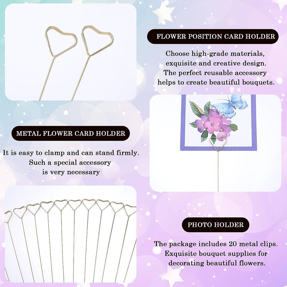 Mabor 20Pcs Flower Card Holder Stick, Metal Floral Place Card Holder 11.8 inche Heart Shape Flower Card Holders Gold Metal Card Picture Holder Pick for Wedding and Party