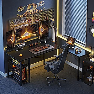 ODK L Shaped Gaming Desk, 61" Corner Computer Desk with Monitor Stand & Storage Shelf, Sturdy Home Office Desk, Black