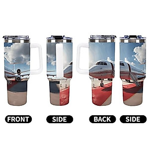 LLUTSNTH 40 Oz Vacuum Tumbler with White Handle Leakproof Insulated Tumbler Red Carpet Airplane Stainless Steel Travel Mug with Lid And Straw Coffee Cup Cute Water Bottles Cup Holder Friendly