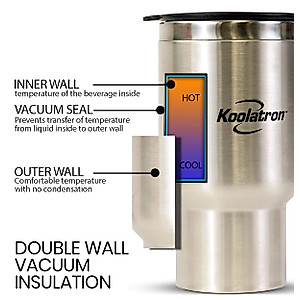 Koolatron 12V USB Insulated Travel Mug with Heater, 500 mL (17 oz), Silver and Black Stainless Steel for Car, SUV, Truck, Office, Home, Dorm