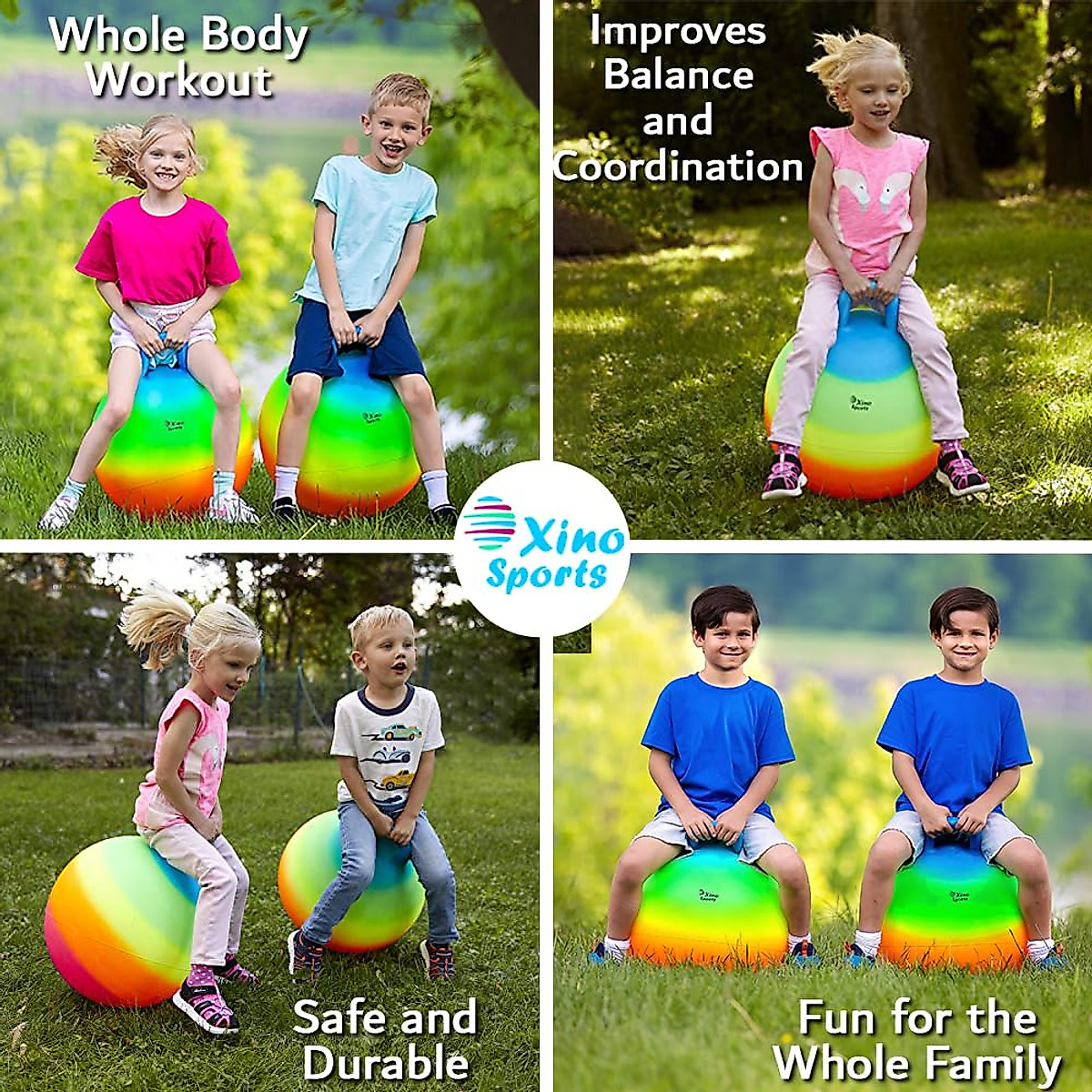 Xino Sports Hopping Ball for Kids, Bouncy Ball for Kids, Amazing Space Hopper Ball, Jumping Ball with Handle, 18 Inch Diameter, Kids Outdoor Toys (Rainbow)