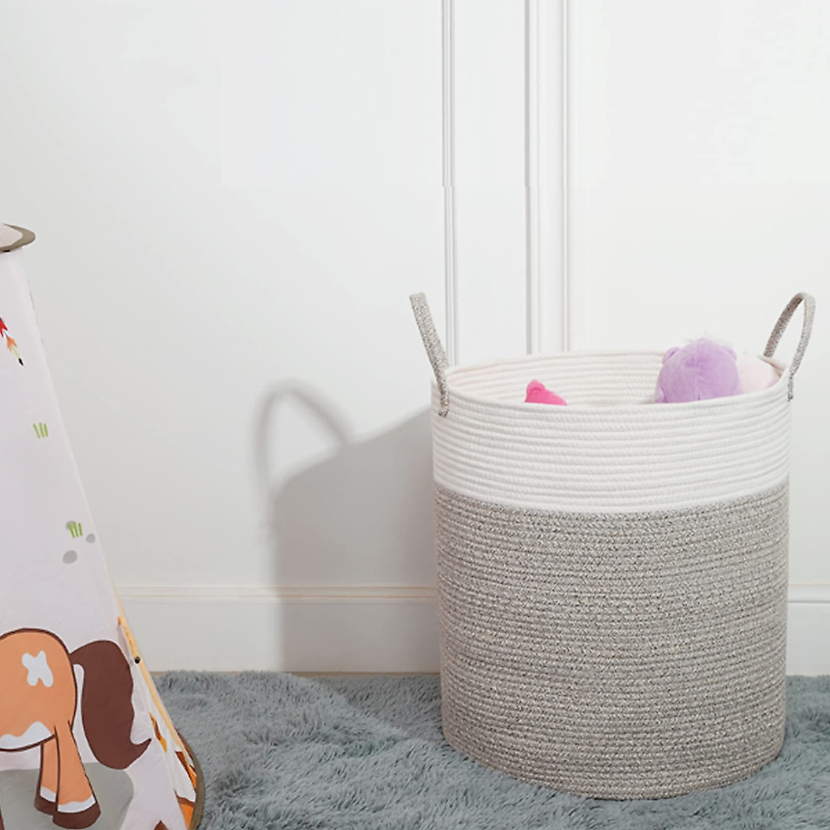 Large Cotton Rope Storage Basket - 18'' x 18'' x 20'' Woven Blanket Basket, 80L Baby Toys Basket, 100% Natural Cotton Laundry Hamper for Nursery Storage, Closet, Bedroom - White Brown
