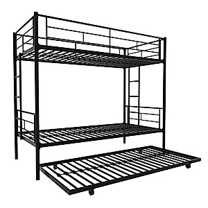 OYN Twin Over Twin Metal Bunk Bed Frame with Trundle and 2 Ladders, Black (New Upgrade Reinforcement Version)