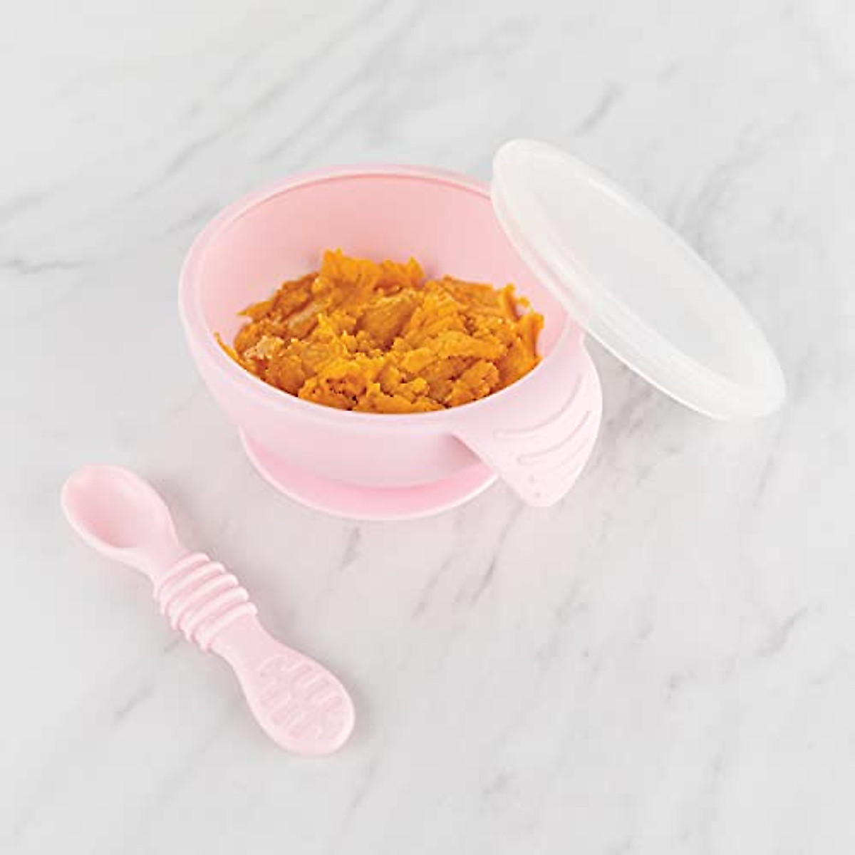 Bumkins Suction Silicone Baby Feeding Set, Bowl, Lid, Spoon, BPA-Free, First Feeding, Baby Led Weaning - Pink(Pack of 1)