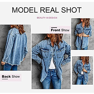 Dokotoo Women's Washed Boyfriend Oversized Lapel Button Up Long Sleeve Denim Trucker Jacket Distressed Ripped Denim Jackets Fashion Distressed Jean Jacket for Women with Pockets, (US 8-10) M,Sky Blue