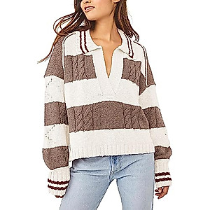 Women's 2023 Fall Casual Oversized Pullover Sweaters Lapel Collar V Neck Long Sleeve Cable Knit Striped Jumper Top Brown L