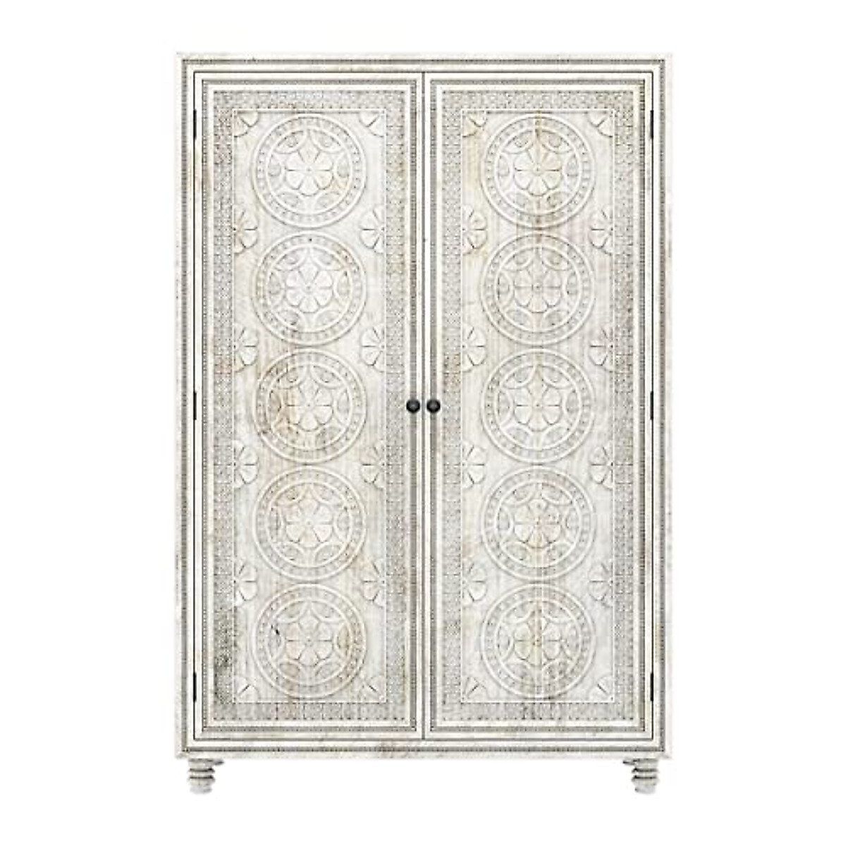 Khalifa Hand Carved Wardrobe Armoire - Weathered White Finish Mango Wood