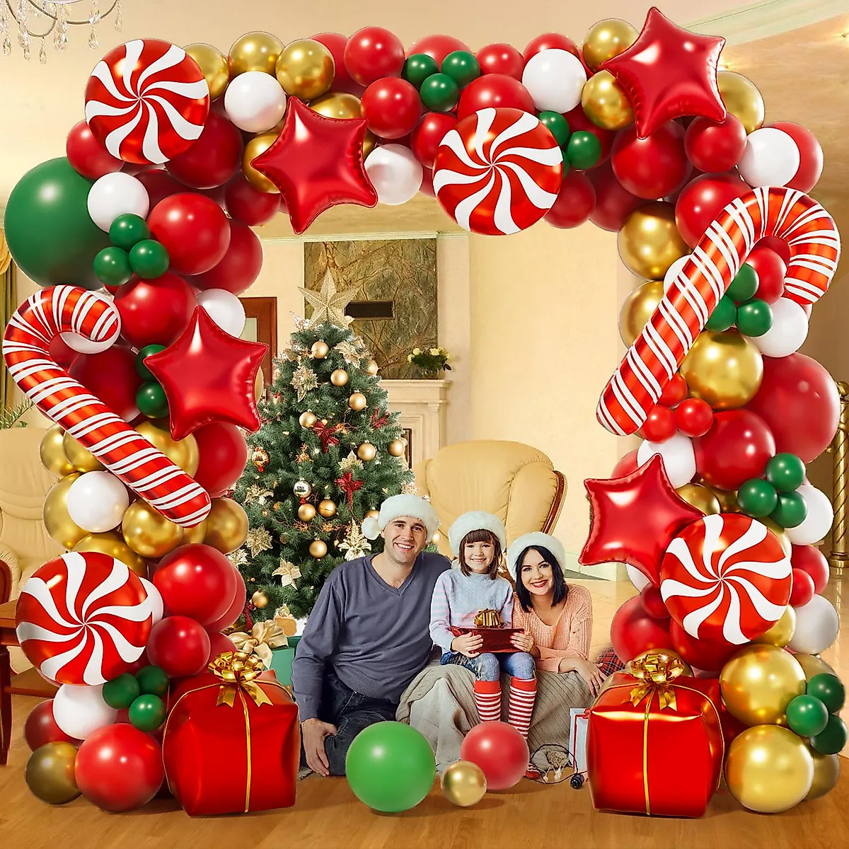 AobkDeco 151PCS Christmas Arch Kit with Red, White, Golden, Dark Green Balloons, Candy Foil, Candy Cane, Gift Box, Star Balloons for Christmas Party Decorations