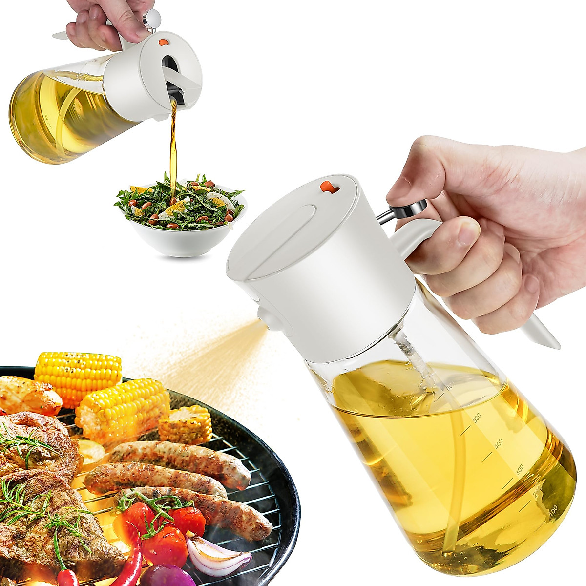 CXINYI Olive Oil Dispenser Bottle - 2 in 1 Oil Dispenser and Oil Sprayer - 700ml / 23Oz Oil Bottle with Fine Mist Nozzle - Oil Sprayer for Cooking, Kitchen, Salad, Barbecue White
