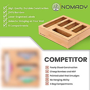 Ziplock Bag Storage Organizer w/ 5 Compartments – Water Resistant Bamboo Ziplock Bag Organizer for Drawer – Gallon, Snack, Quart, Sandwich, Slider Quart Snack Organizer - Kitchen Accessories Organizer