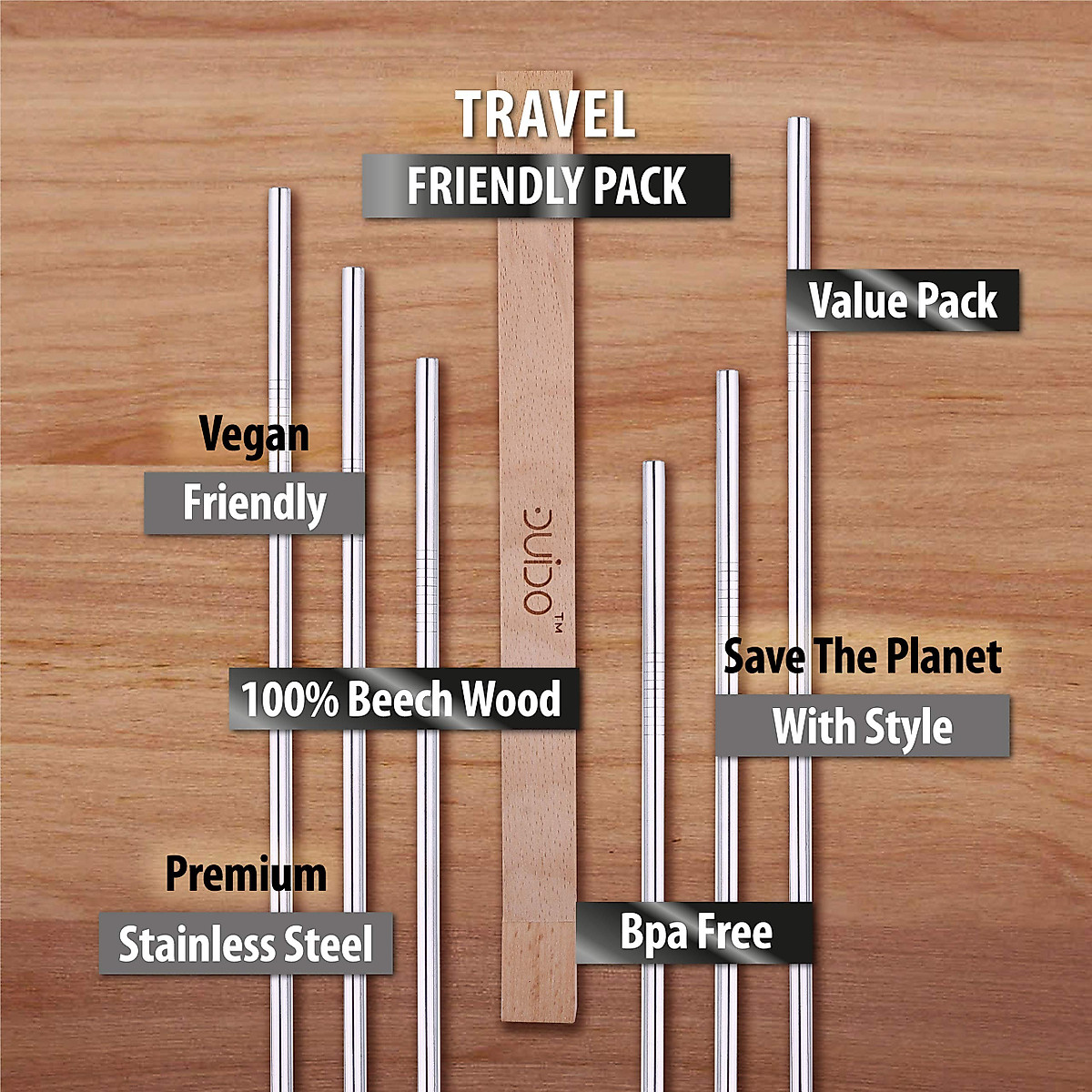 Reusable Stainless Steel Straws with Wood Case – (6 Pack) 8.5 Inch Travel Eco-Friendly Straws Drinking Reusable with Wood Case – Personal Straw Kit Compatible with Yeti, Tervis, Rtic, Tumblers