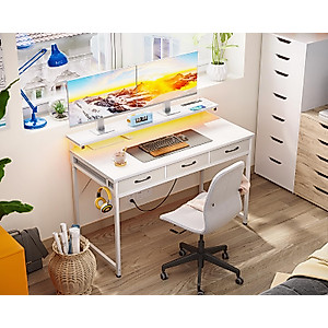 ODK 48 Inch Computer Desk with 3 Drawers and USB Power Outlets, Home Office Desks with LED Lights and Adjustable Monitor Stand, Work from Home, Modern Work/Writing/Study Table for Bedroom, White